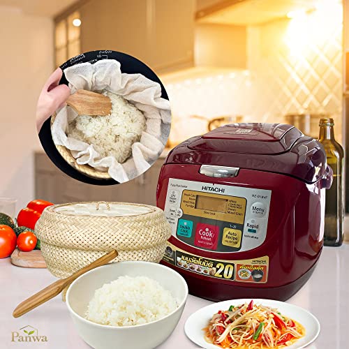 PANWA Handmade 100% Natural Thai Bamboo Sticky Rice “Electric Cooker Steamer Set”, Small Pot Insert ~ 6.5 Inch, Hewn Reed Wicker Woven Lid, 16’’ Cheesecloth Filter, and Wooden Spoon