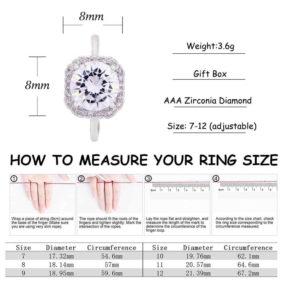 CHERUBIC Platinum Plated Sterling Silver Square Halo Ring For Women Crystal Cubic Zirconia Birthstone Rings Adjustable