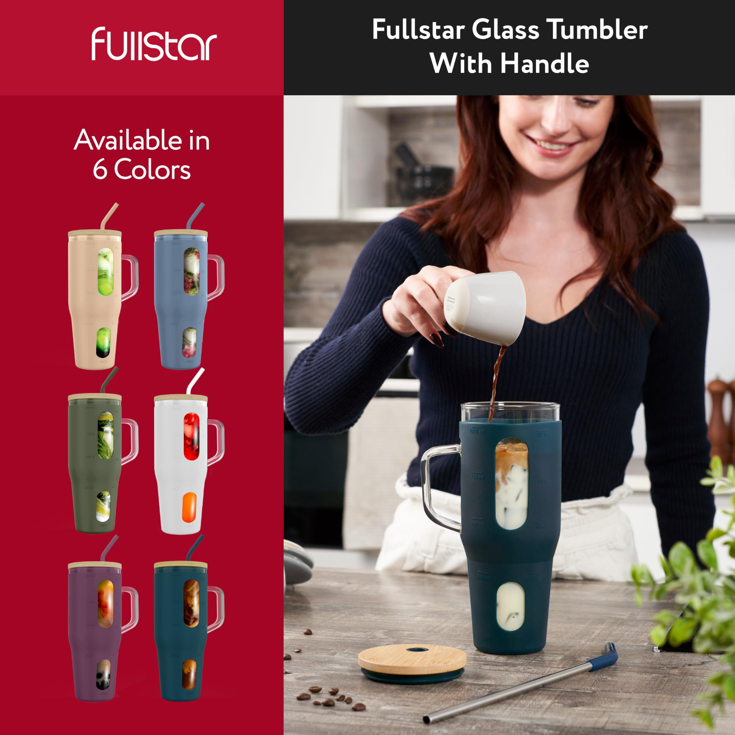 fullstar Glass Cups with Lids and Straws - Drinking Glasses, Glass Tumbler with Straw and Lid, Iced Coffee Cups, Glass Coffee Cups with Bamboo Lids (Dark Teal, 1 Pack)