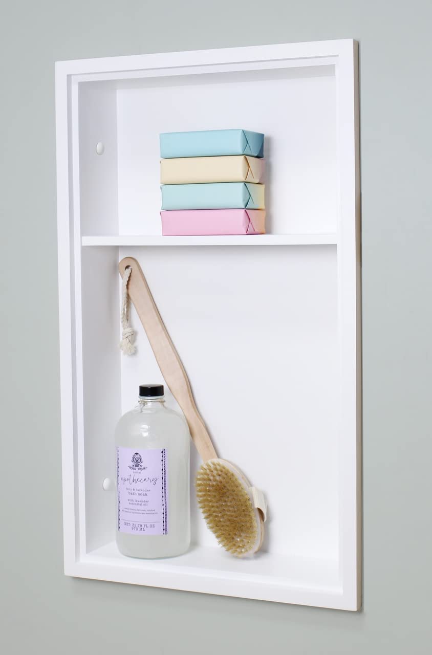 Fox Hollow Furnishings 14x24 Recessed Sloane Wall Niche - Wall Shelf for Storage and Home Decor, 2 Shelves (White with Plain Back)
