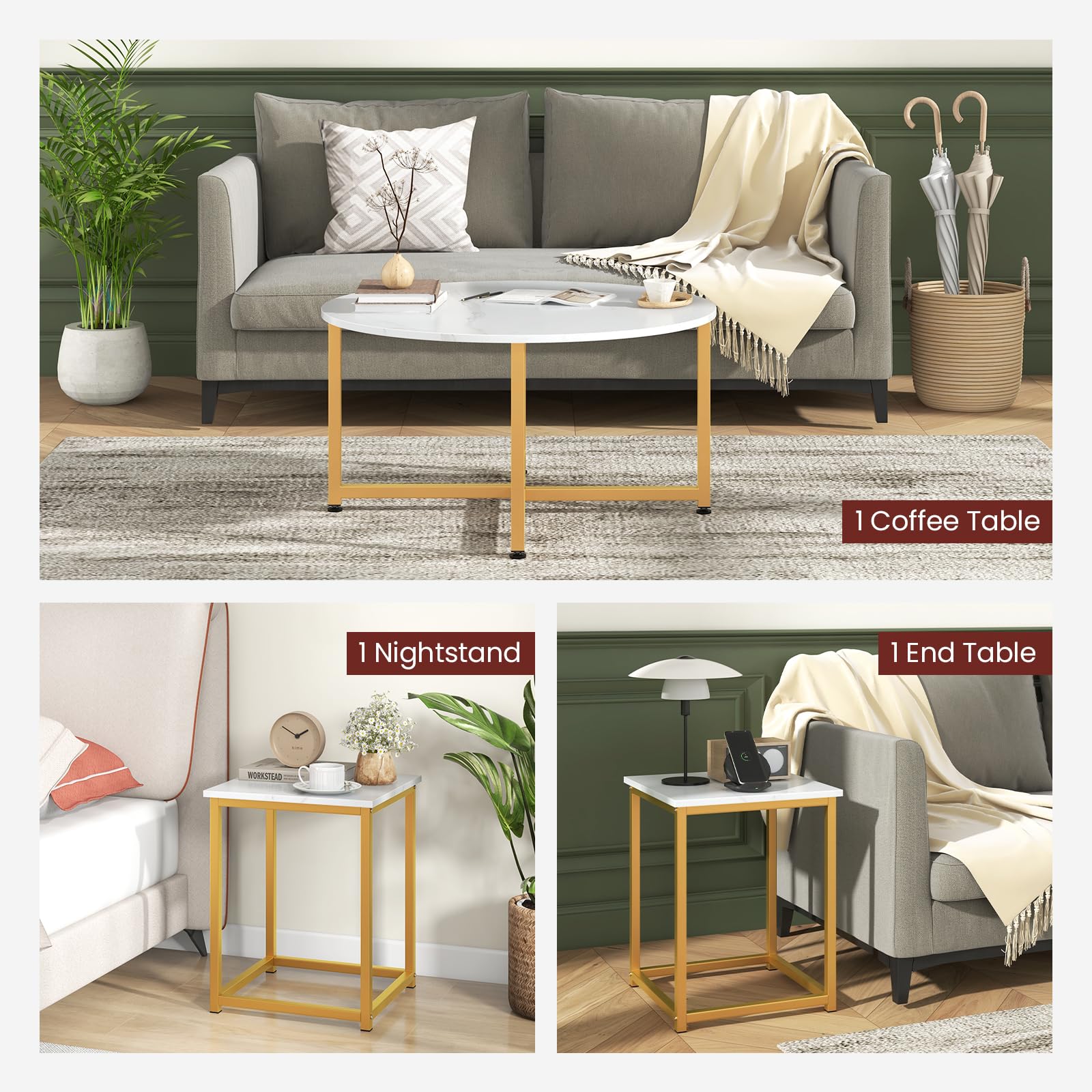 Giantex Round Nesting Table Set of 3, Modern Faux Marble Coffee Table w/2 End Tables, Sturdy Metal Frame, 3-Piece Wooden Living Room Table Set for Home Office, Apartment (White & Gold)