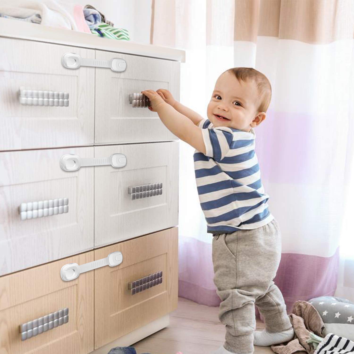 Cabinet Locks Child Safety Strap Locks (4+10 Pack) Adjustable Baby Locks for Cabinets, Refrigerator, Drawers, Dishwasher, Cupboard and More No Drilling Needed Child Proof Drawer Locks