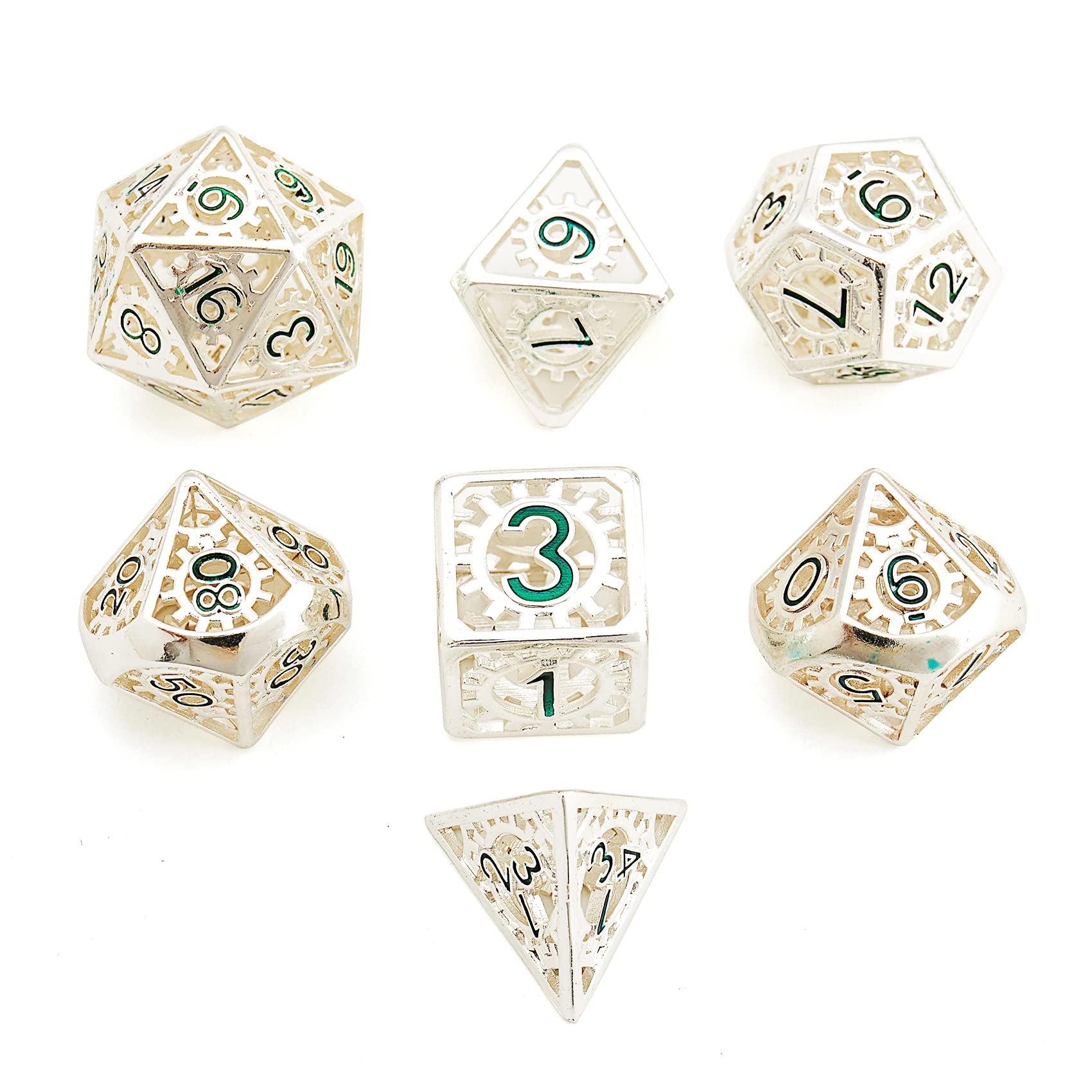 Hollow Metal DND Dice Set of 7 Uniquely Designed Polyhedral D&D Dice Set with Gift Metal Box and Numbers for Dungeons & Dragons RPG Role Playing and Pathfinder Dice Games(White-2)