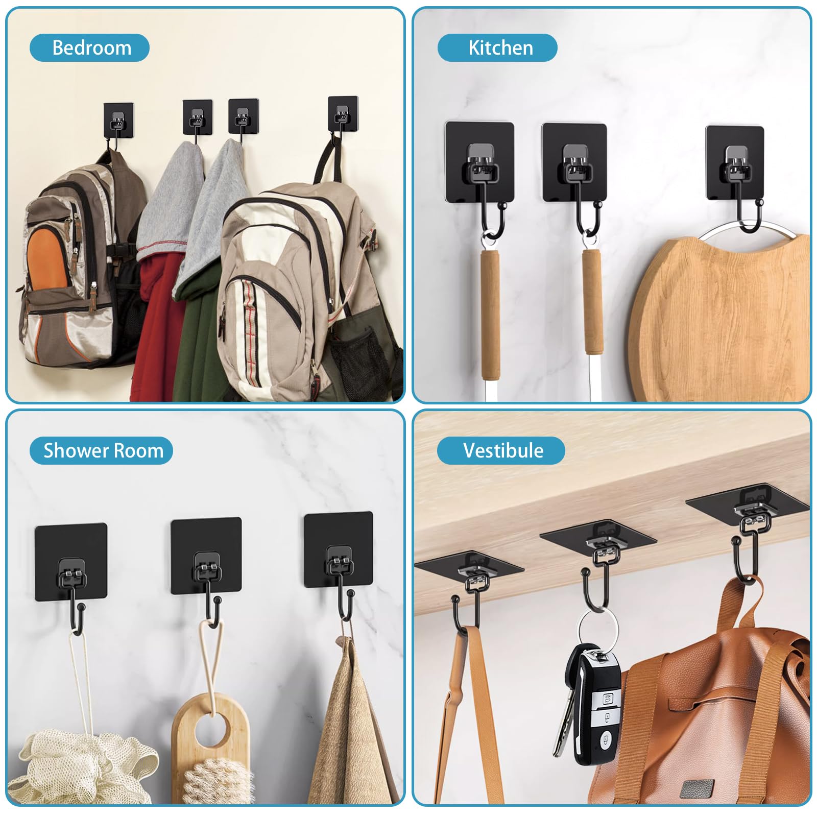 Dealsgogo Adhesive Wall Hooks, Black, Pack of 10 - Waterproof, Rustproof Bathroom Hooks, Up to 30lb(Max). Ideal for Hanging, Suitable for Bathroom, Kitchen, Home, Ceiling and Window