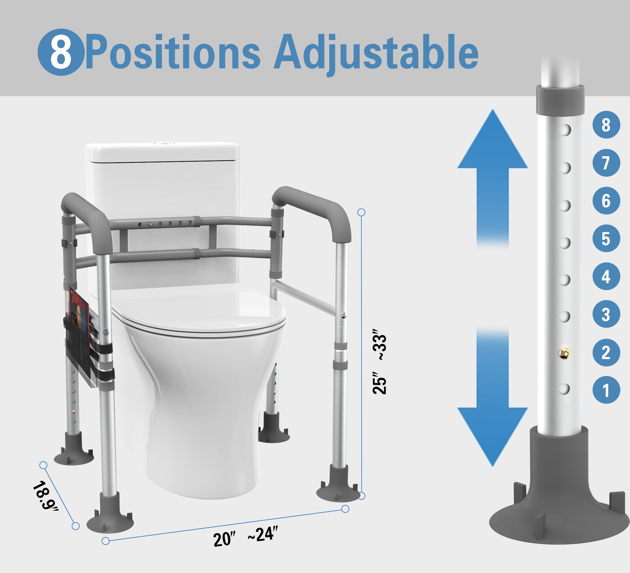 Delog Toilet Safety Rails, Adjustable Toilet Safety Frame for Elderly, Seniors, Handicap & Disabled, Toilet Frame with Handles, Foldable Handicap Toilet Rails Fit Any Toilets 400 LB