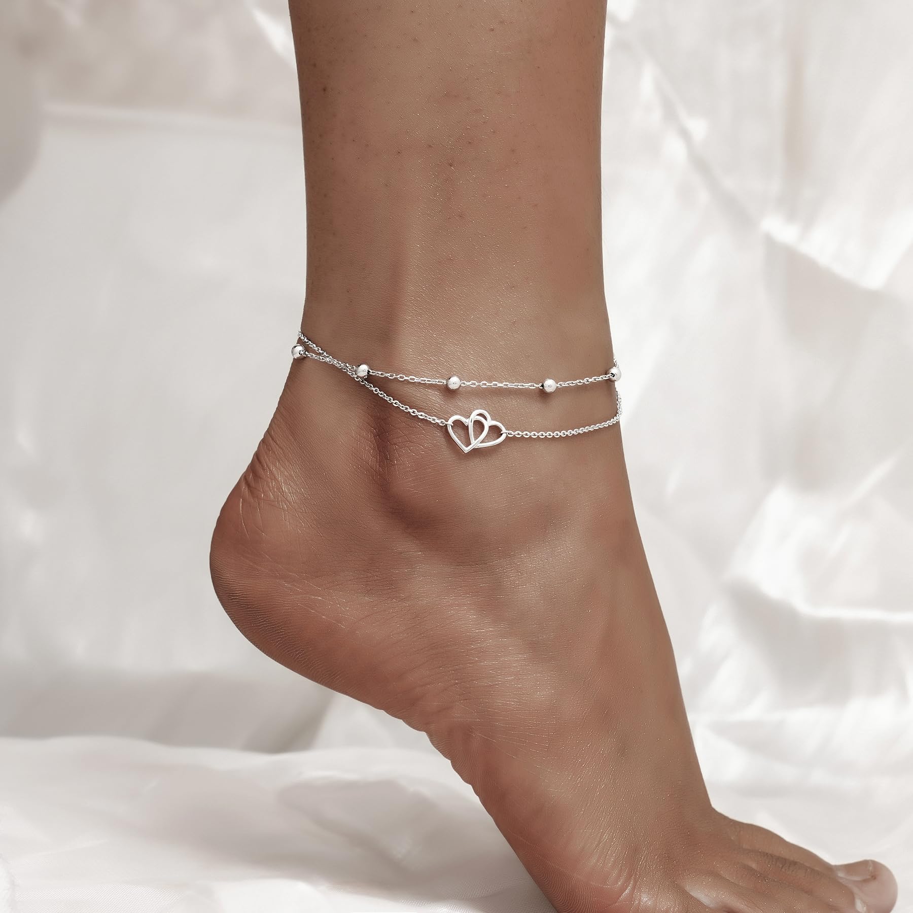 CHIC & ARTSY Double Heart Anklet 925 Sterling Silver Heart Anklets for Women Adjustable Layered Beach Anklets 11 Inches Boho Double Chain 2 Heart Ankle Bracelet