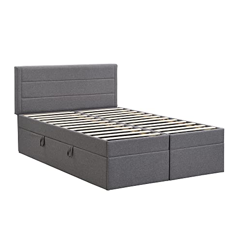 BOVZA Queen Size Upholstered Platform Bed Frame with Headboard and Storage Underneath, Space Saving, Gray