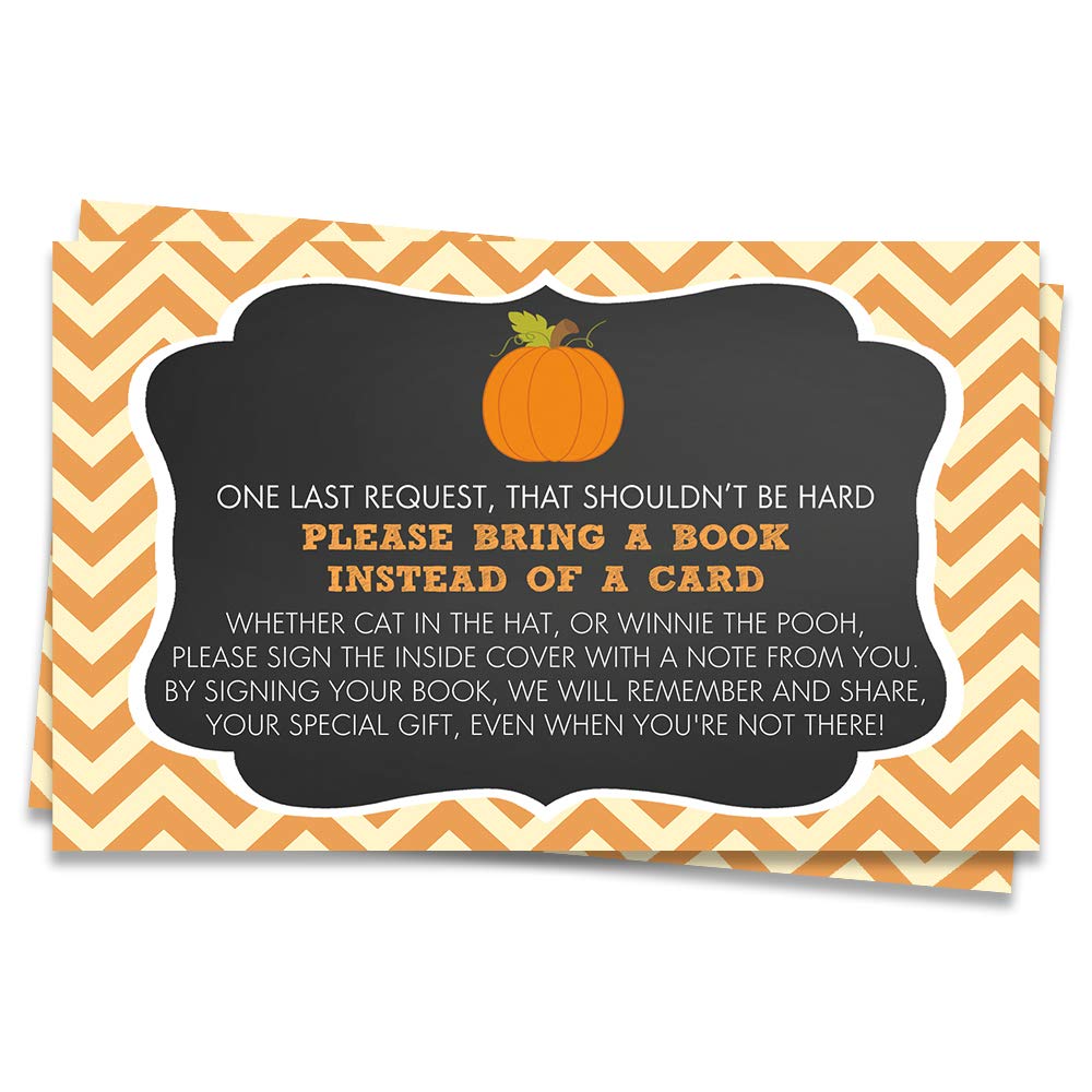 Bring A Book Cards Pumpkin Baby Shower Fall Autumn Chalkboard Sprinkle Insert Request Library Collection Keepsake Gift Idea Activity Game Chevron Stripes Harvest Gender Neutral Unisex (25 count)