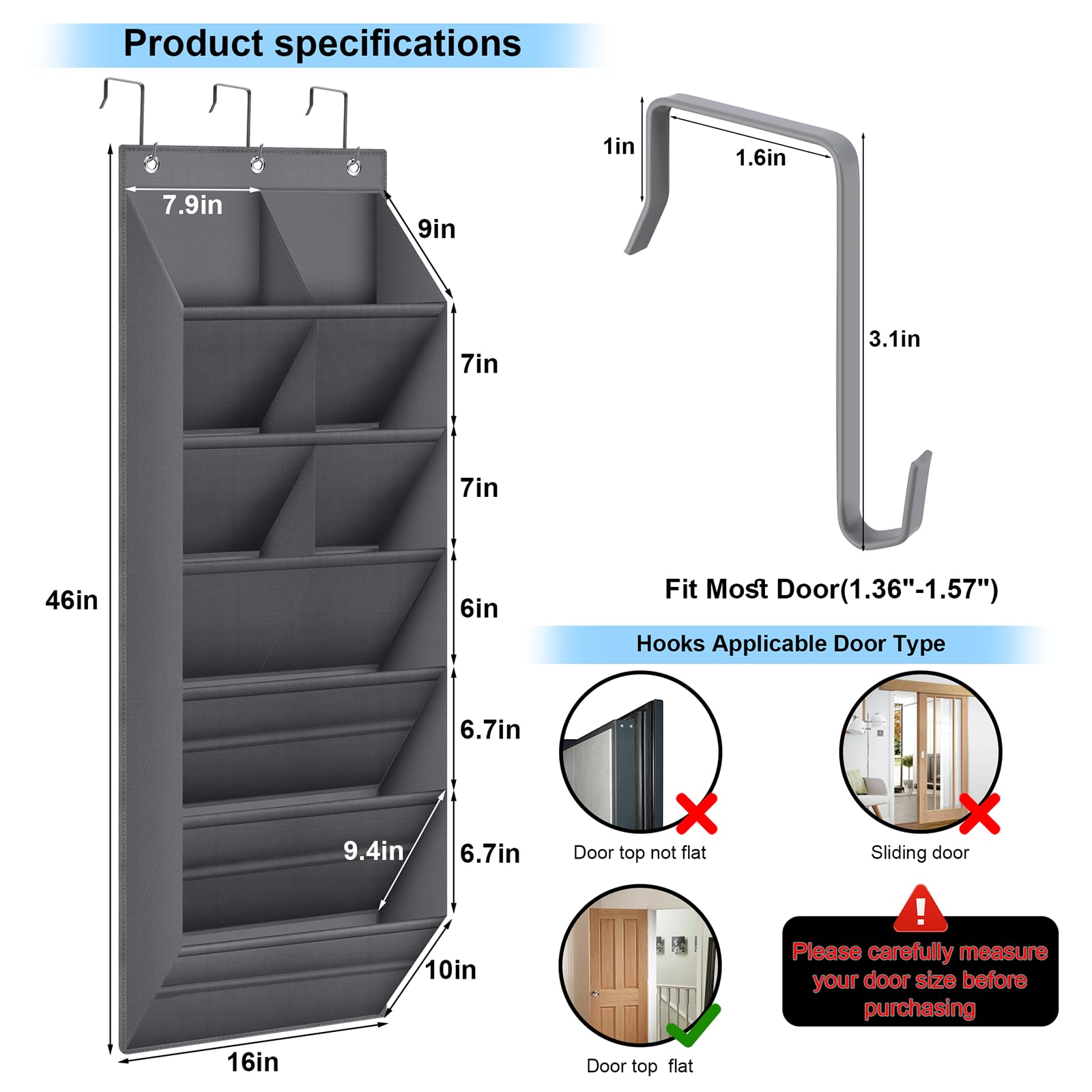 BZVlemon Hanging Shoe Organizer for Closet with 9 Deep Pockets, Over the Door Shoe Rack, Shoe Holder for Narrow Door Dorm RV Shoe Storage, Grey