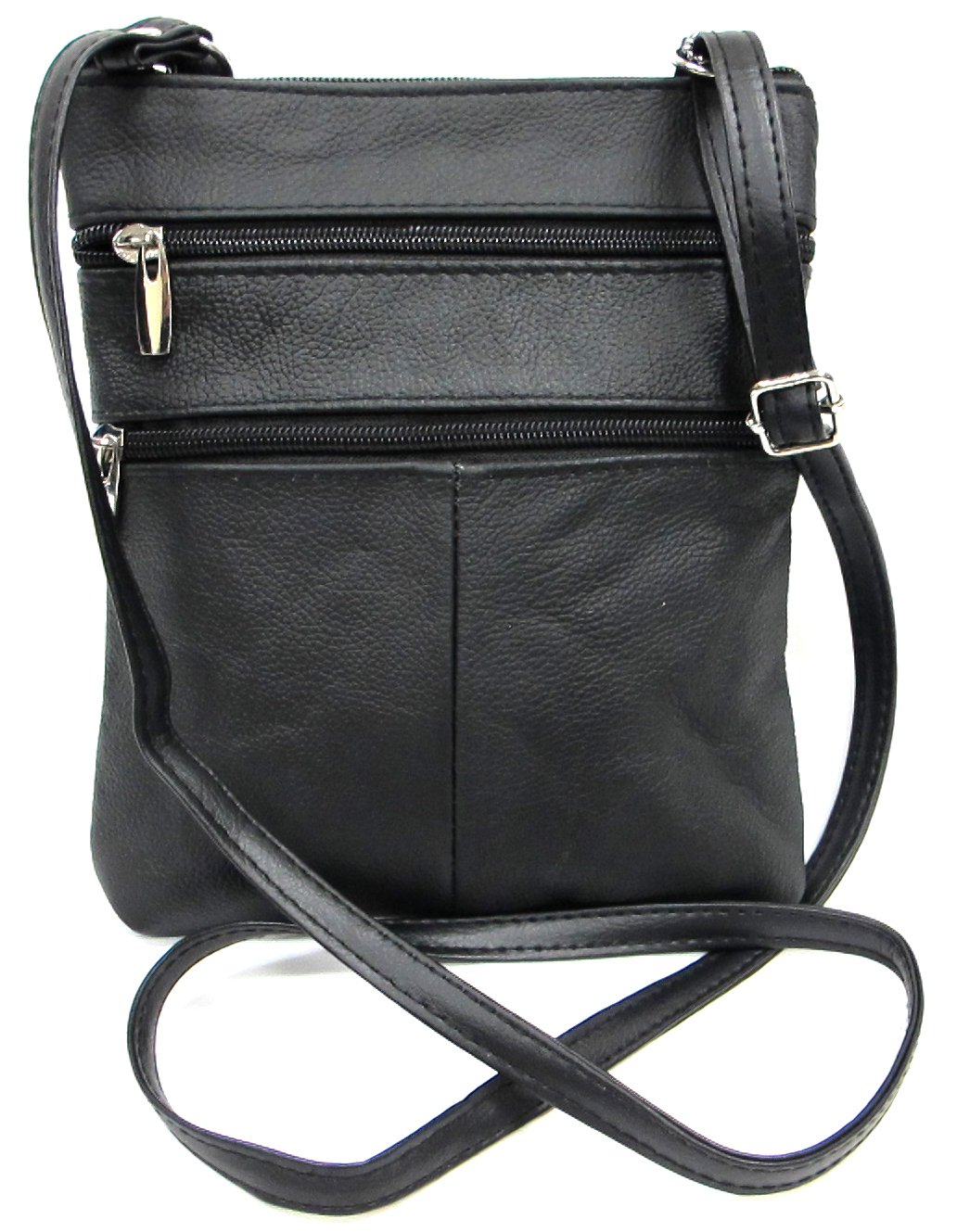 Lady's 5 Zipper Pocket 100% Leather Cross Body Slim Purse Paisley Lining- 5 Color (Black)