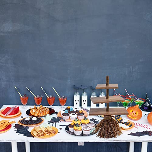 Halloween Broom Wooden 3 Tier Tray Cupcake Server Kitchen Farmhouse Rustic Tiered Tray Decor for Home Table House Room