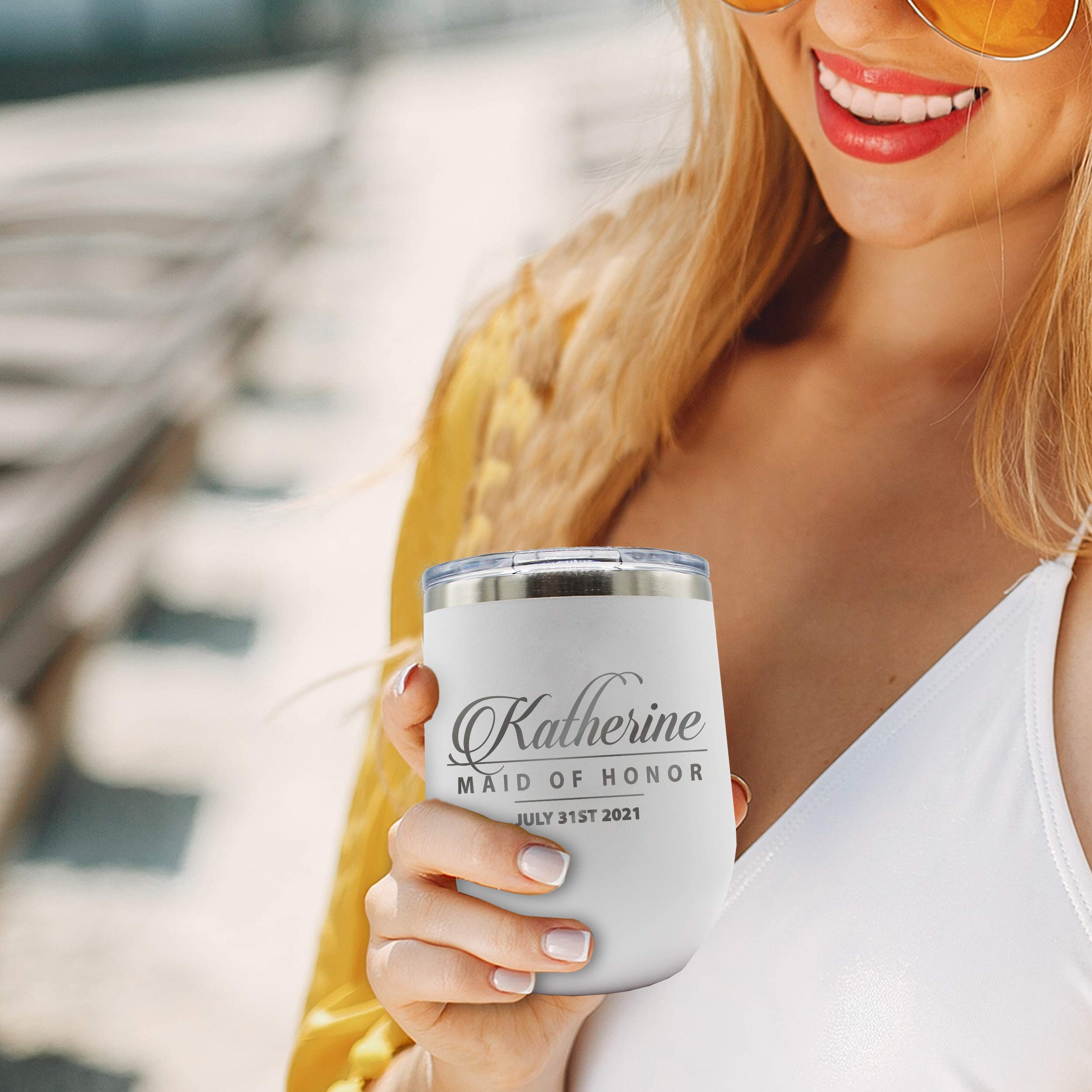 Bridesmaid Stemless Wine Tumbler - Custom Personalized 12 oz Insulated Stainless Steel Cup - Bride, Maid of Honor (White)