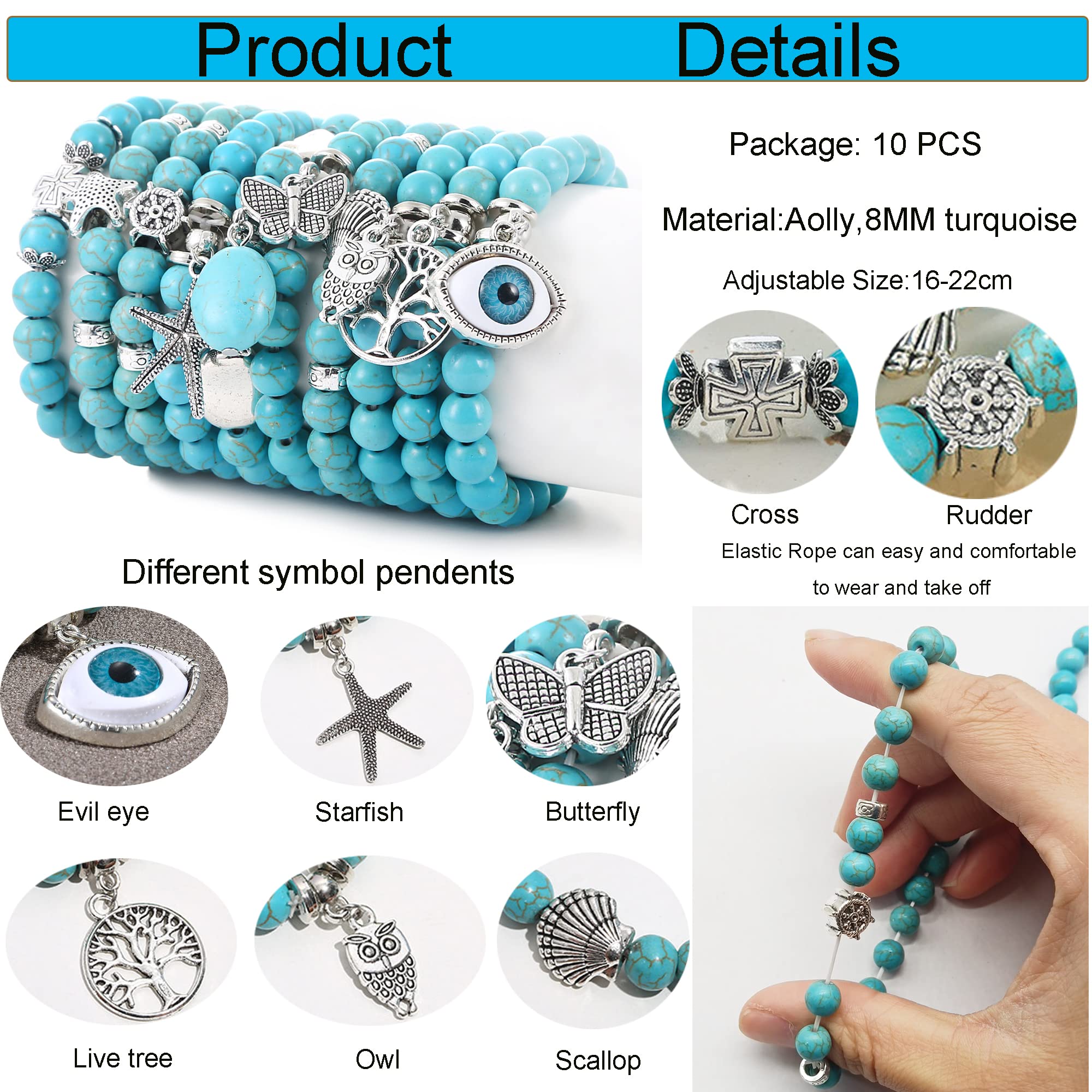 CASDAN 10 PCS 8mm Turquoise Stone Bracelets Round Beaded Bracelets for Women Men Healing Crystal Stretch Bead Bracelets