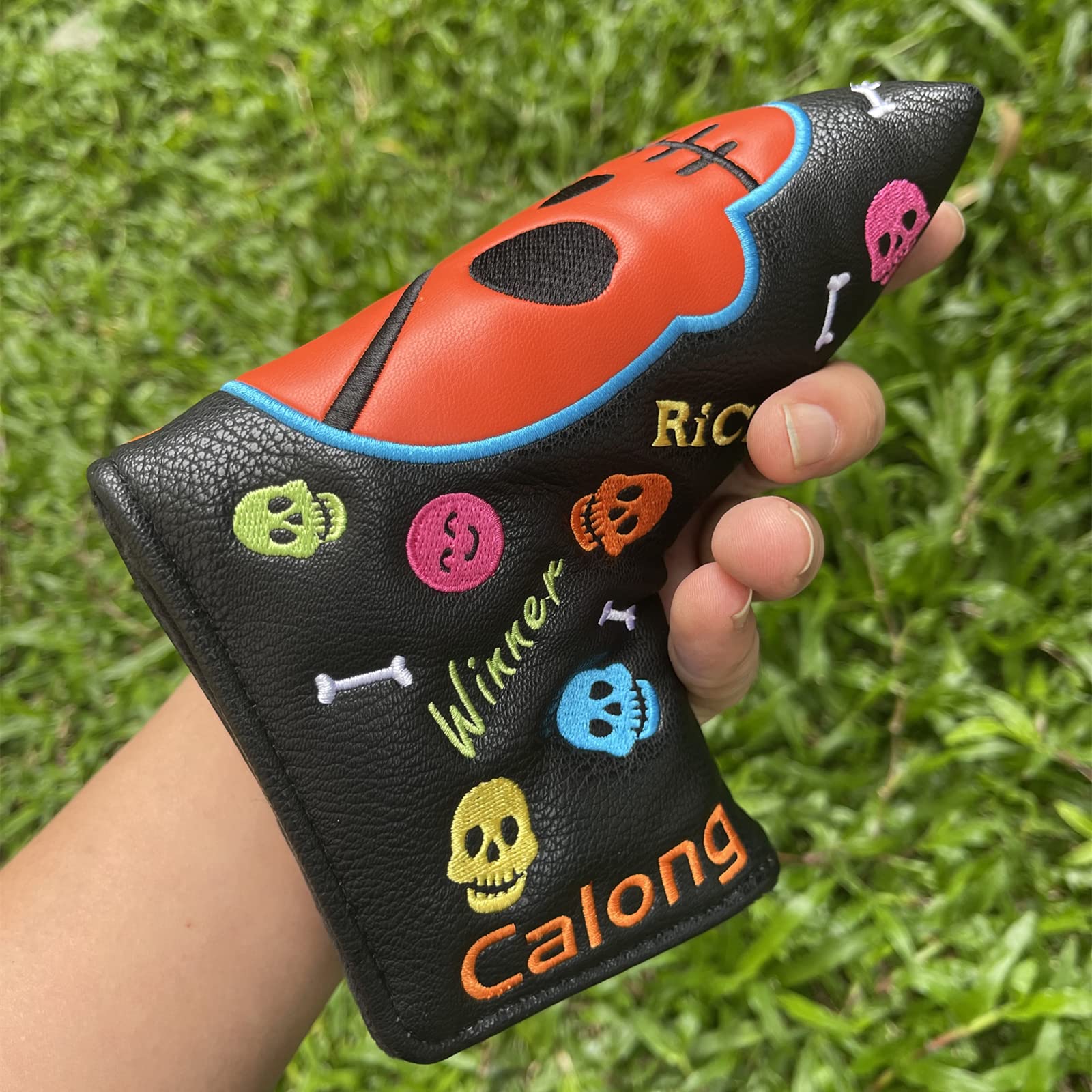 CALONG Calong Golf Putter Headcover Black Skull Blade Style Putters Cover with Velcro Golf Club Head Cover , Black/Orange