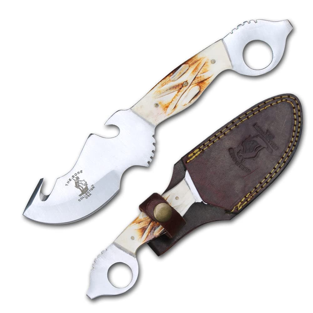 Bone Collector BC-806 8.25" Overall The Gut-Hook Blade Skinner Knife with Leather Sheath Size 4.25" Handle, Blade 4"