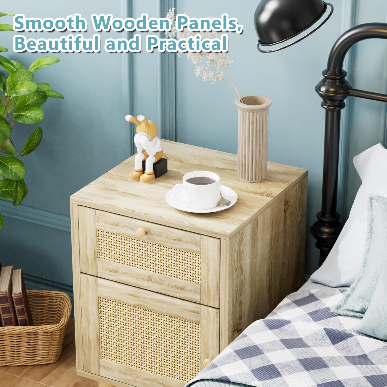 Breezestival Rattan-Like Nightstand with Storage, Boho Side Table with Rattan Material Decorated Drawer, Cabinet Door for Living Room, Bedroom