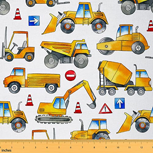 Excavator Fabric by The Yard, Cartoon Truck Upholstery Fabric, Construction Vehicle Decorative Fabric, Tractor Cement Mixer Indoor Outdoor Fabric, Kids DIY Waterproof Fabric, Yellow Blue, 3 Yards