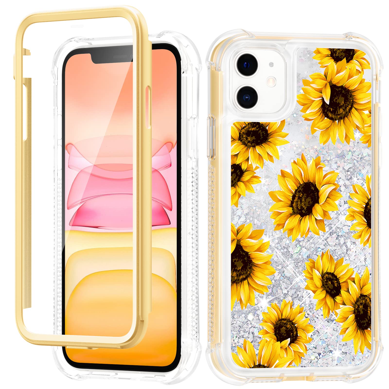 Caka Case for iPhone 11, iPhone 11 Phone Case with Screen Protector for Women Girls Girly Glitter Bling Full Body Protection Case Shockproof Rugged Case for iPhone 11 6.1 (Sunflower)