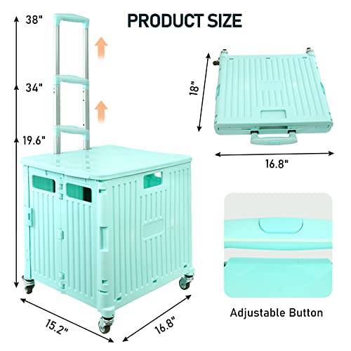 Foldable Utility Cart,Heavy Duty 4 Wheels Rolling Carts,Collapsible Crate Shopping Cart with Wheels Rolling Tote Basket Teacher Cart with Lid,Travel Shopping Moving Storage Office Use(Green)