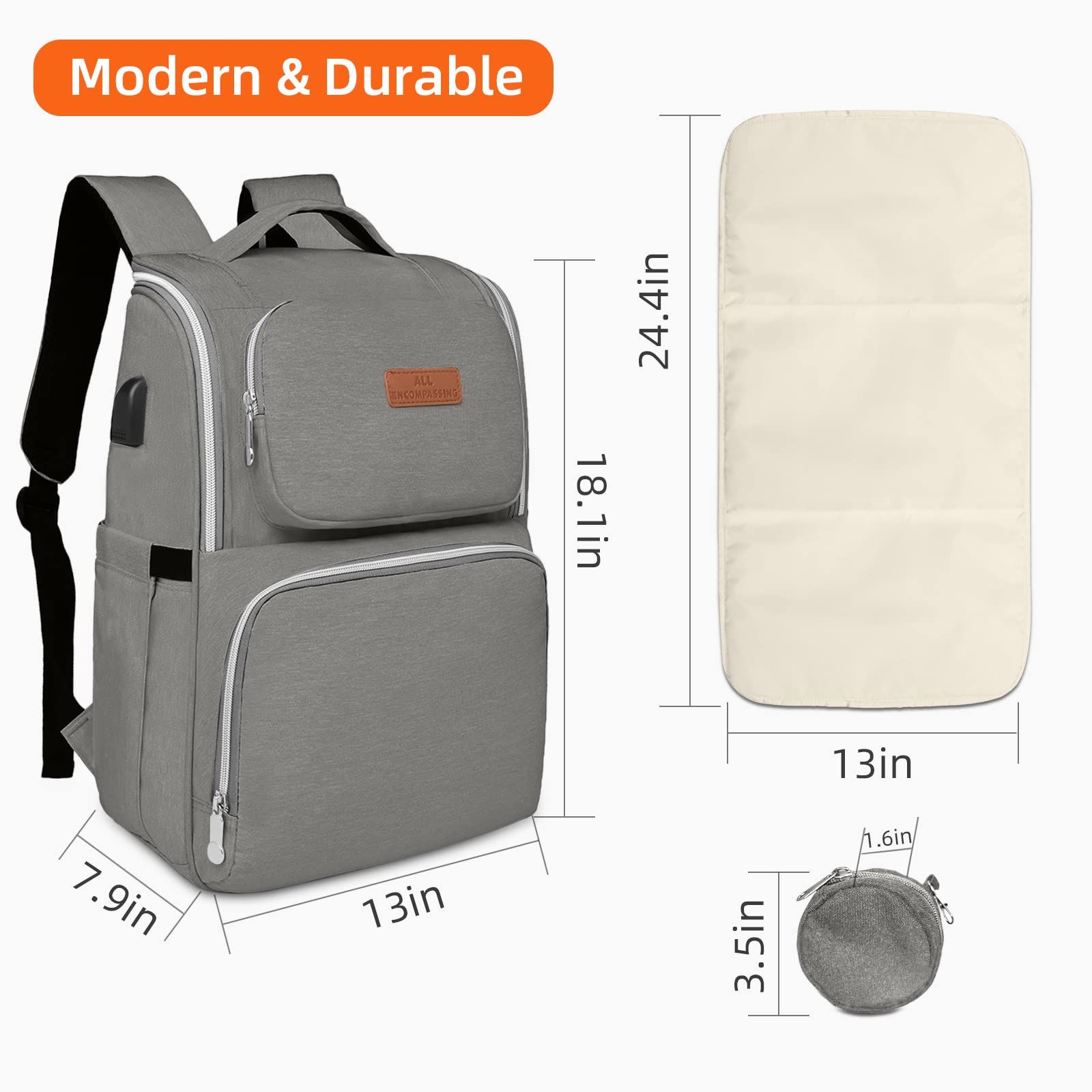 BRUSIORI Diaper Bag Backpack, Multifunction Waterproof Travel Back Pack Bag, Bay Bags with Changing Pad, Stroller Straps, Pacifier Case, Large Capacity Diaper Bag for Boys Girls, Grey
