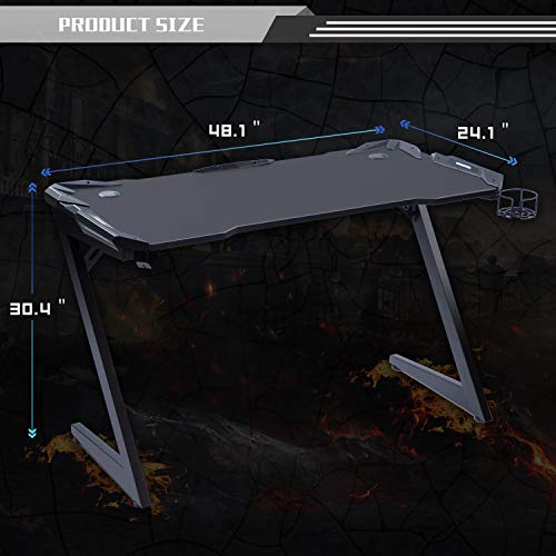 Bowthy Gaming Desk with Led Lights 47inch Carbon Fiber Gamer Desk for PC 17β Z-Shaped Gaming Table for Home Office Game Desk with Free Mouse, Pad Holder for Controller, Headphone&Drink Black