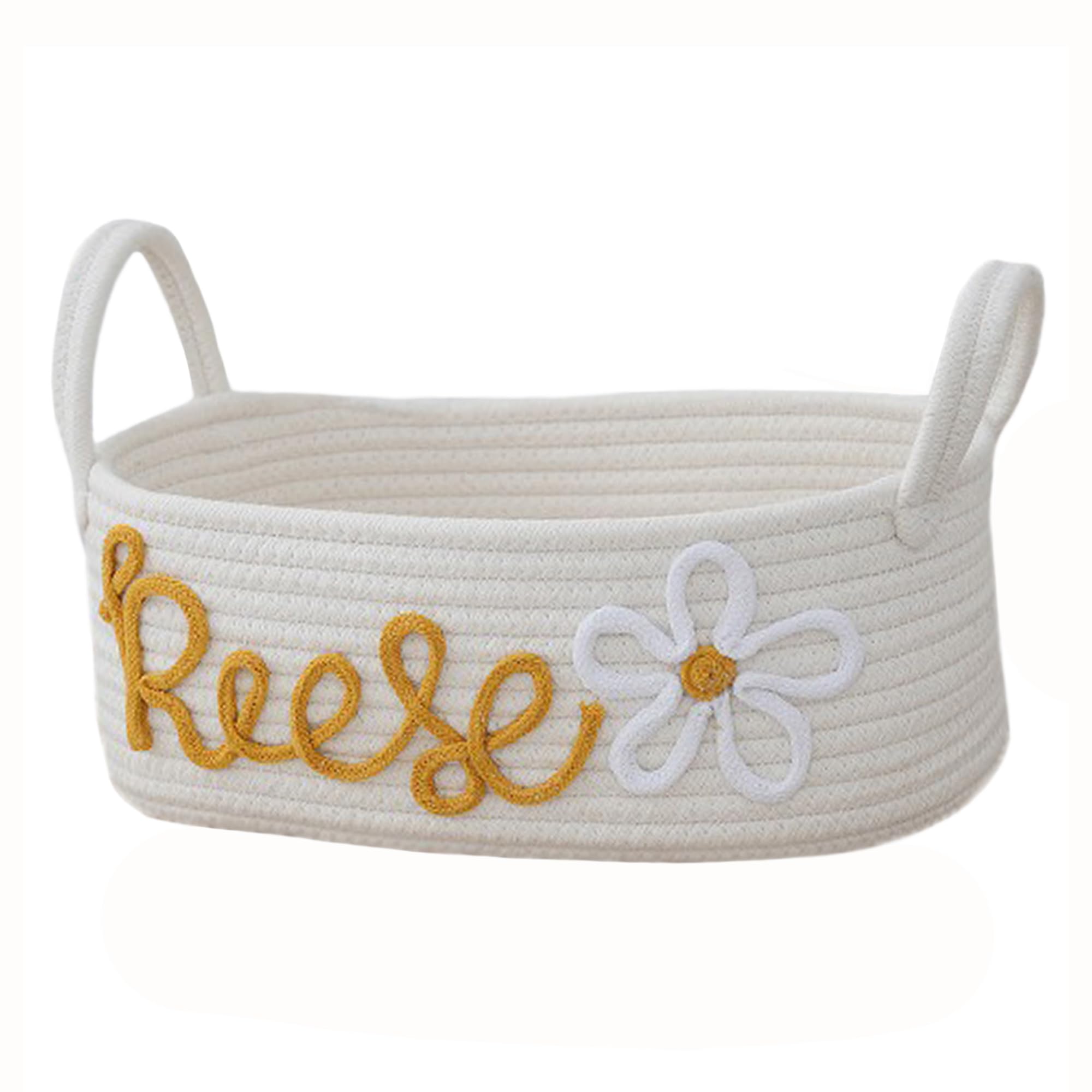 Custom Baby Name Clothes Baskets,Personalized Cute Woven Diaper Basket for newborn,Cotton Round organizer (White)