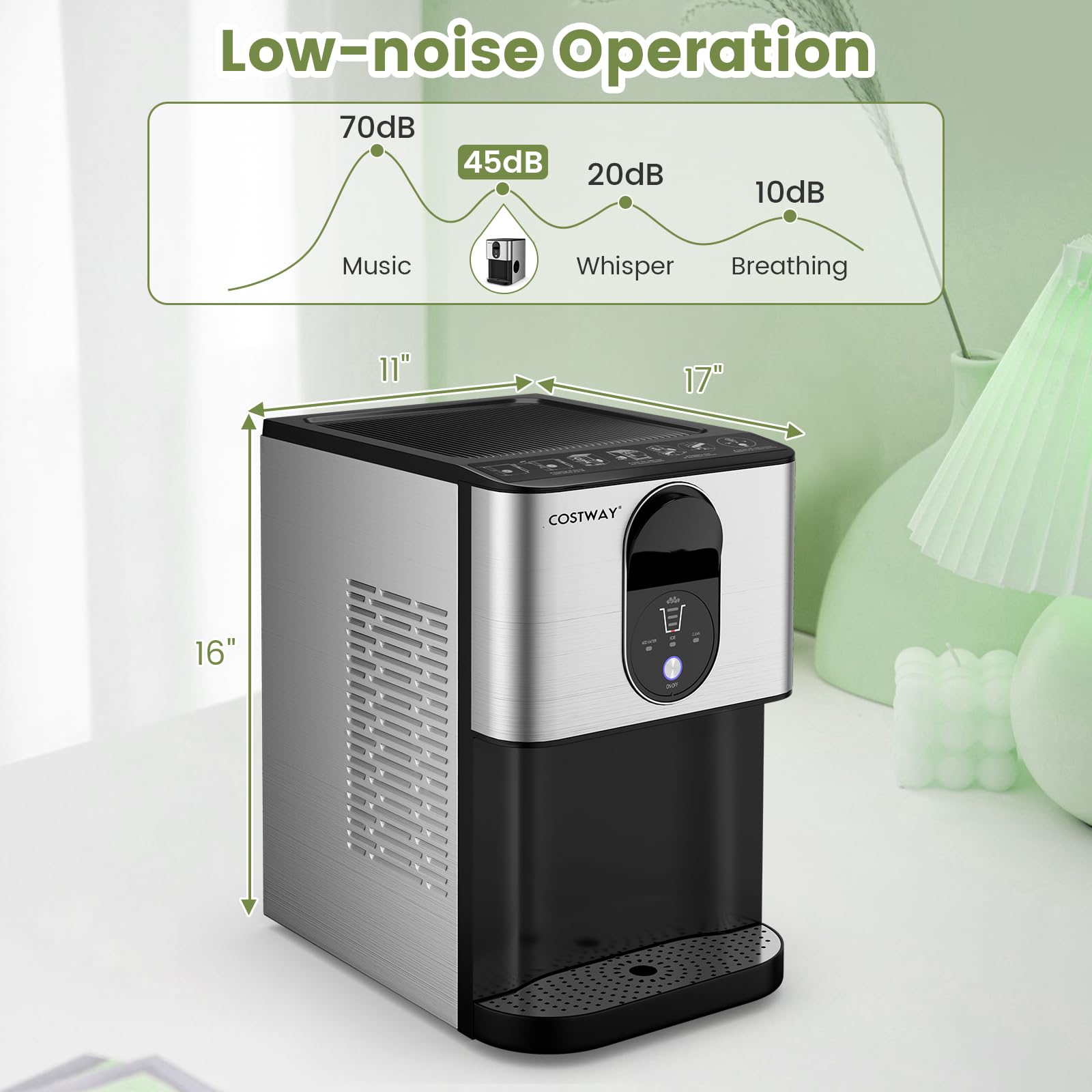 COSTWAY Self Dispensing Nugget Ice Maker Countertop, 56 Lbs/24H Soft Chewable Ice, Pebble Ice Maker with Self-Cleaning, One-Button Operation, Portable Stainless Steel Ice Maker for Home Office Party