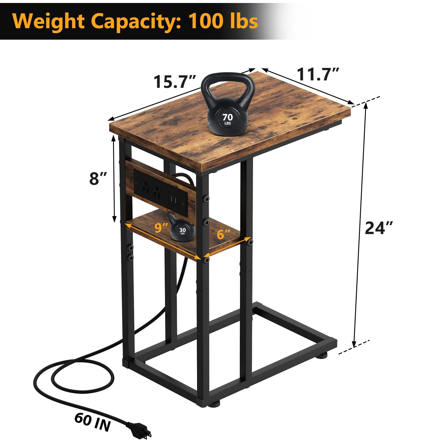 C Shaped End Table with Charging Station, 2 Tier Sturdy C Shaped Side Table Bedside Tables with Metal Frame for Living Room Bedroom, C Shaped Sofa Couch Table Snack Table Coffee Table, Rustic Brown