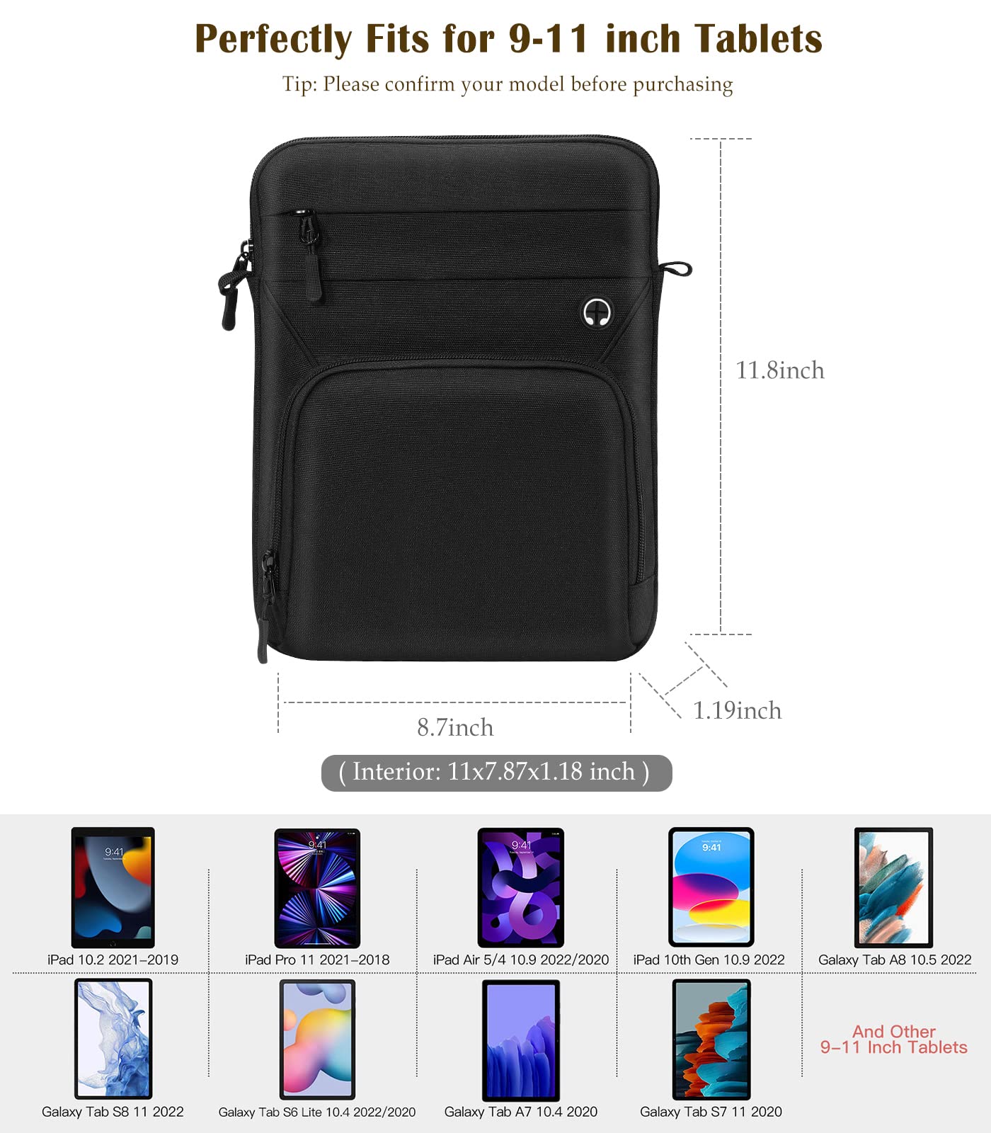 Dadanism 9-11" Tablet Sleeve Bag for iPad Air 5/4 10.9, iPad Air 11" 2024, iPad 9/8/7th 10.2, iPad 10th Gen 10.9, iPad Pro 11 M4 M2 2024-2018, Galaxy Tab A9+ S9 FE A8, with Shoulder Strap, Black