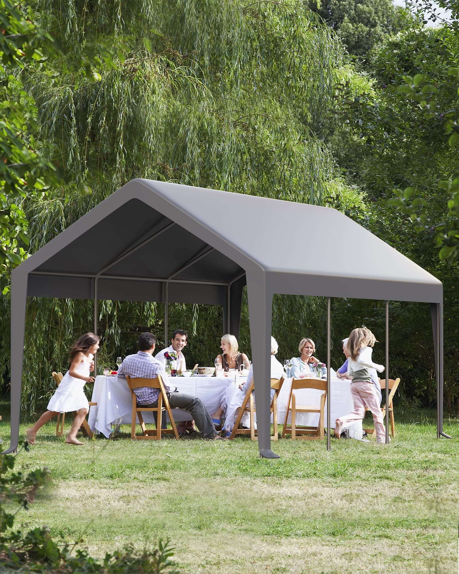 DEXSO Carport 10'x20' Heavy Duty Steel Canopy Height Adjustable & Portable Garage with Roll-up Ventilated Side Doors & Windows for Truck Boat Car Port, Party, Equipment Placement, Grey