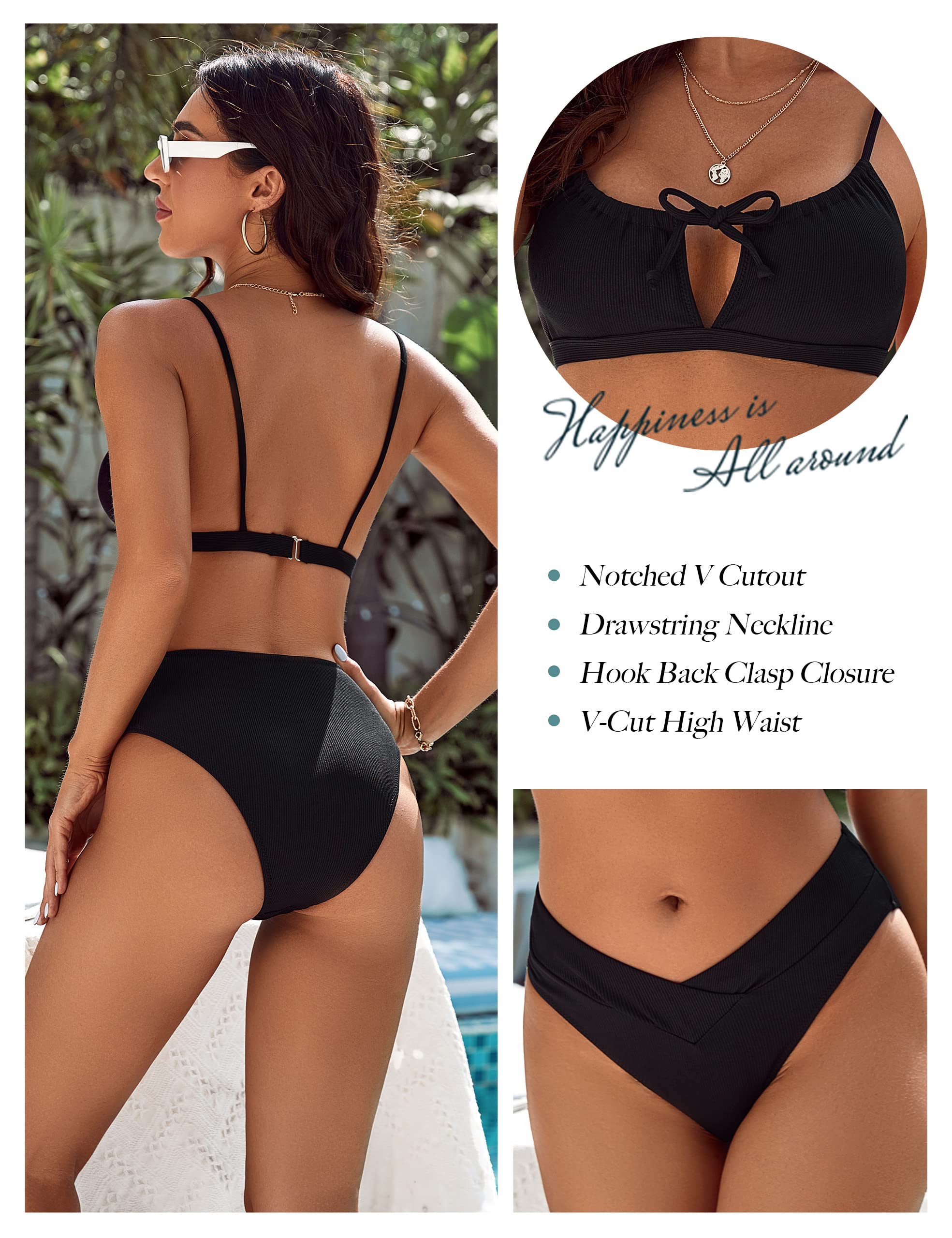 Blooming Jelly Womens High Waisted Bikini Sets High Cut Sexy Swimsuit Ribbed Cutout Cheeky Two Piece Bathing Suits (Large, Black)