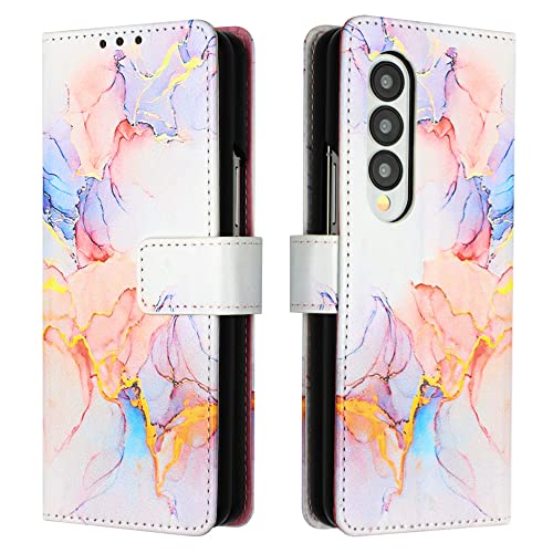 ONV Wallet Case for Samsung Galaxy Z Fold 3 5G- Premium Marble Painted Leather Flip Case Stand Card Slot Magnet with Silicone Shell Flip Cover for Samsung Galaxy Z Fold 3 5G[Marble] -White