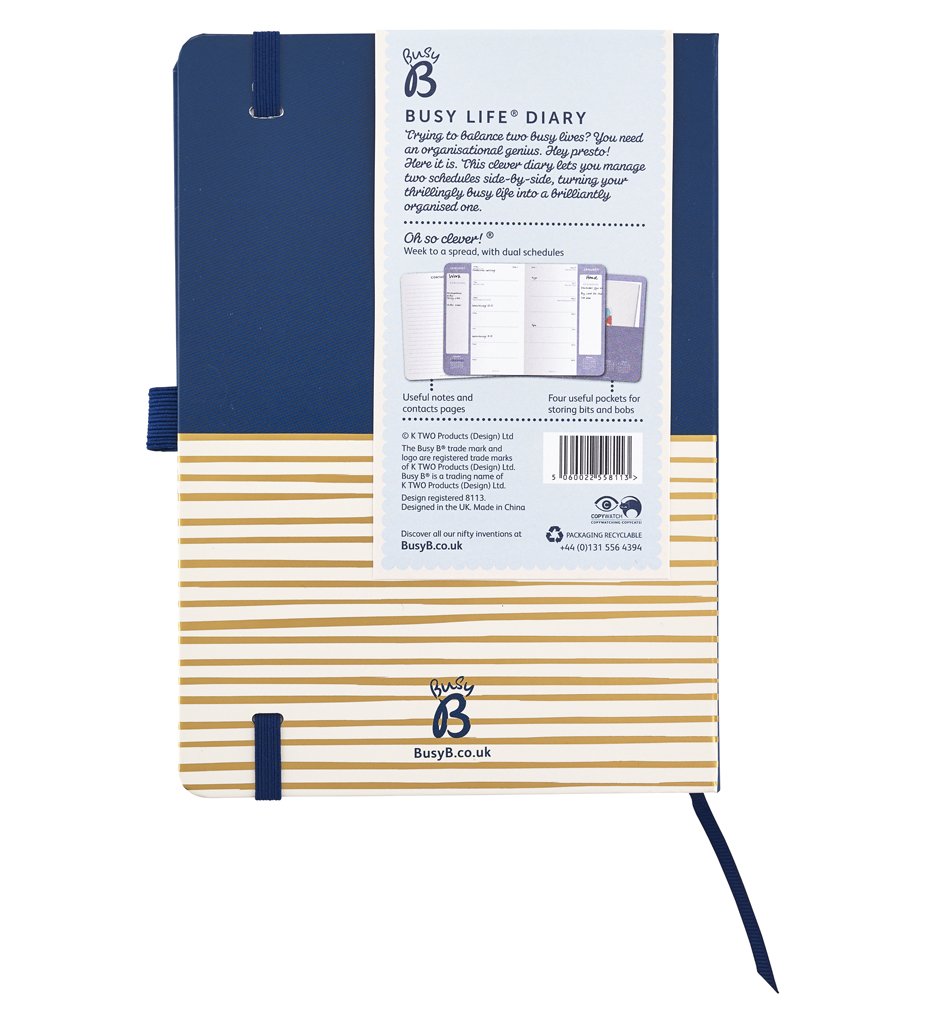 Busy B A5 2019 Stripe Design Busy Life Week to View Diary with Pockets and Dual Schedules