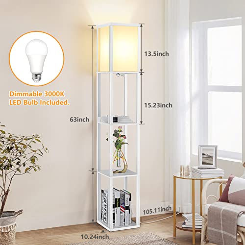 FOLKSMATE Touch Control Shelf Floor Lamp, Modern Dimmable LED Standing Lamps with Shelves, 2 Fast Charging USB Ports and Power Outlet, Wood Tall Light for Living Room, Bedroom, Bedside,White