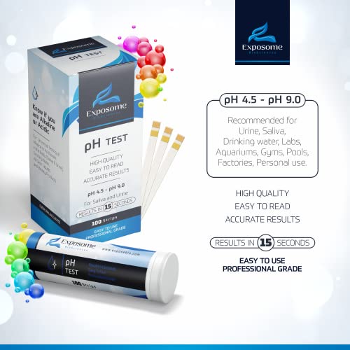 Exposome BioSciences pH Test Strips.(100 Pack).Universal Tests for Alkaline or Acid Levels in Body(Saliva & Urine),Drinking Water,Clear Liquids,Beauty Products. Statistically Significant Test Results.