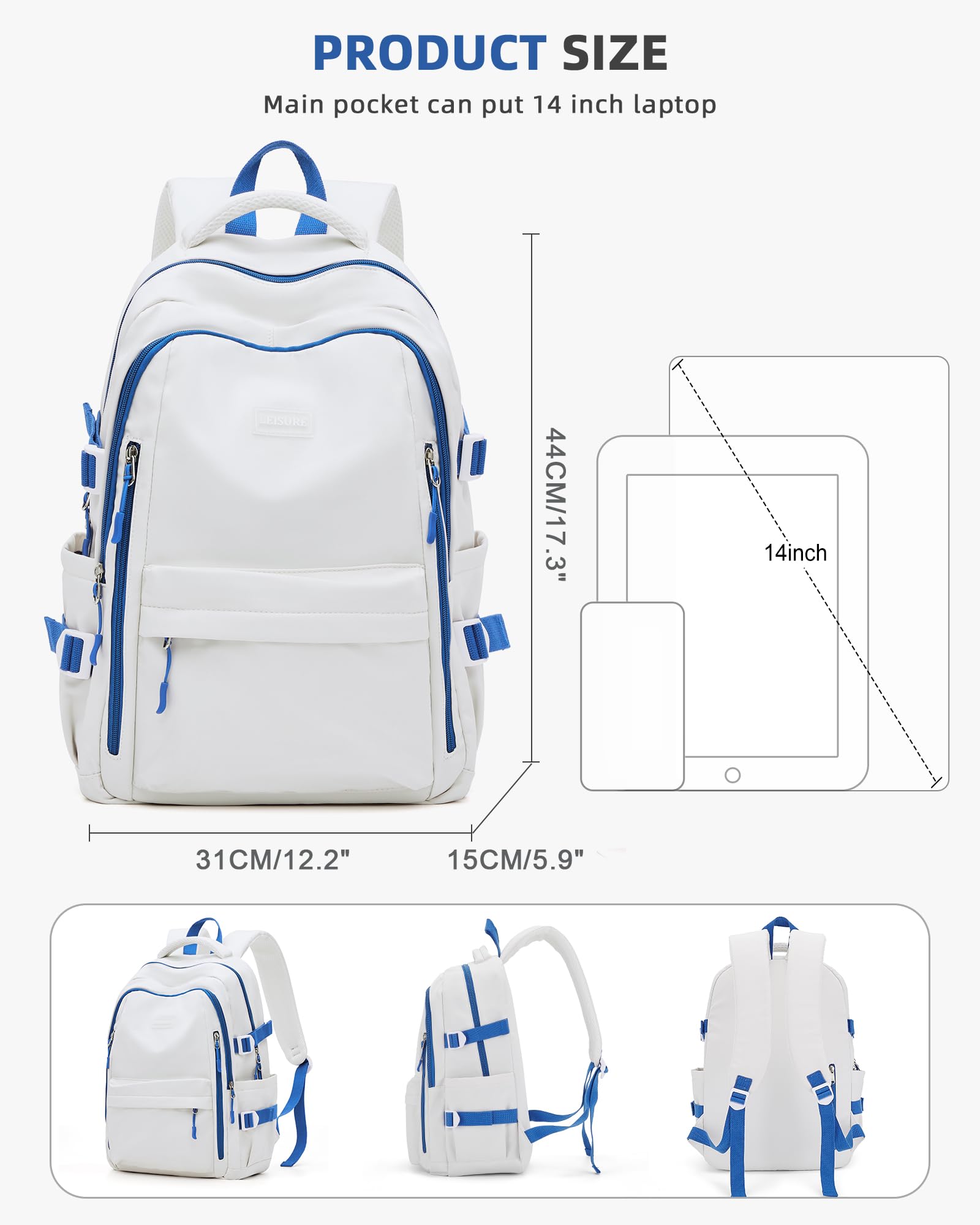 BOXSAM Lightweight Backpack for Women, Large Laptop Travel Backpack Casual Daypack College Bag Rucksack for Men. White