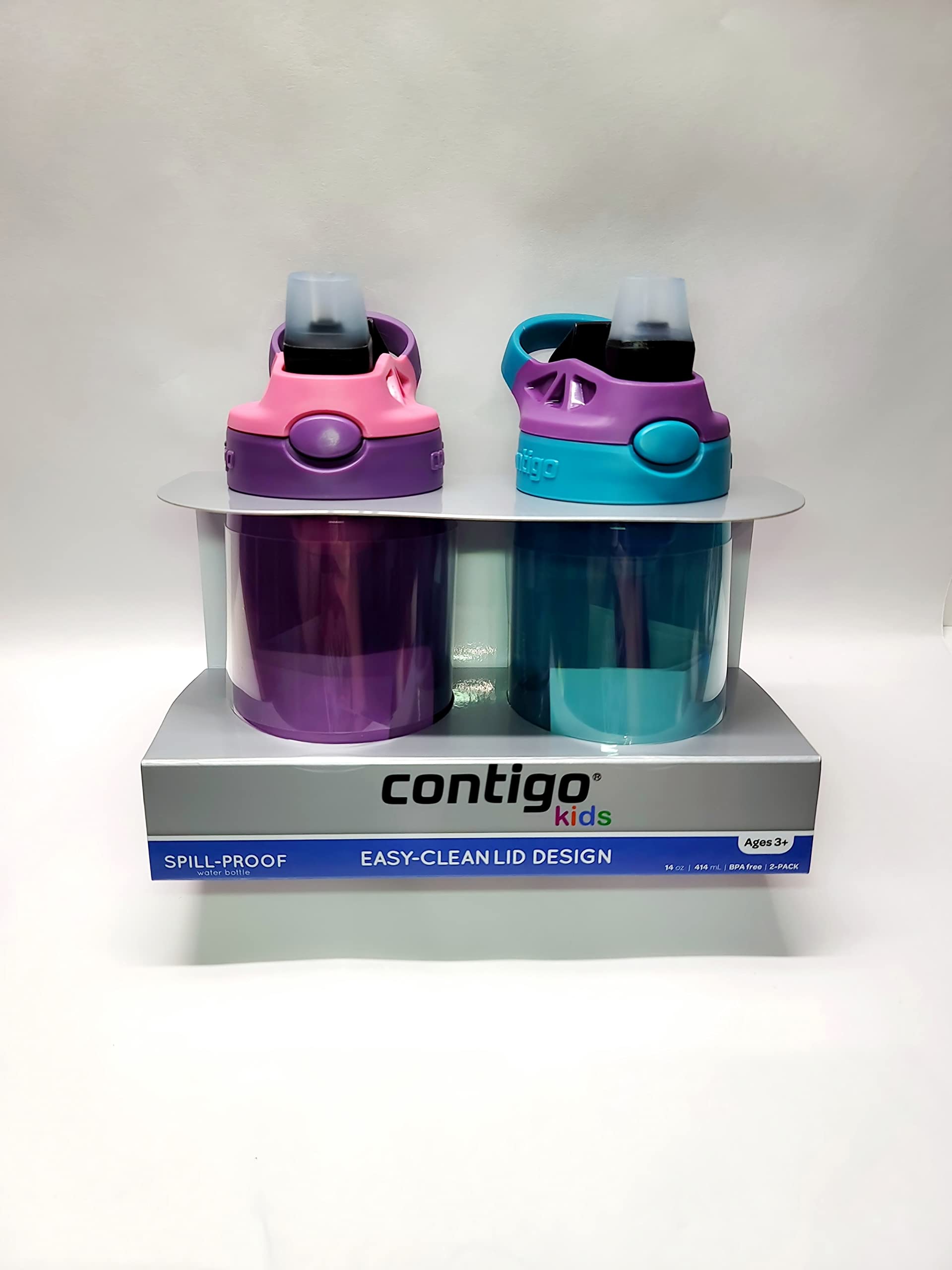 Contigo Kids Water Bottle, 14 oz with Autospout Technology – Spill Proof, Easy-Clean Lid Design – Ages 3 Plus, Top Rack Dishwasher Safe,2-PK Purple, Pink, Blue