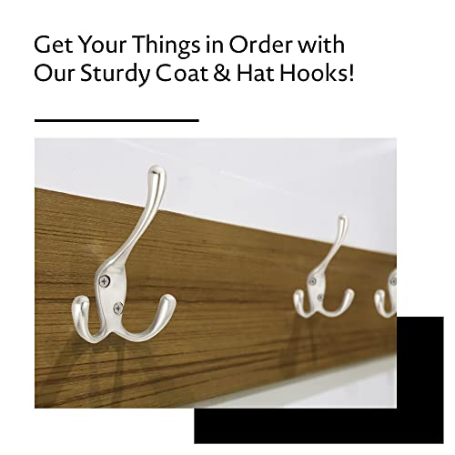 Neighbours Lane Towel Hooks for Bathroom Wall Mounted - Satin Nickel Three Prong Wall Hooks for Hanging Coats, Clothes, Bags, Hats, Towels, & More - Pack of 5 Medium-Sized Robe Hooks