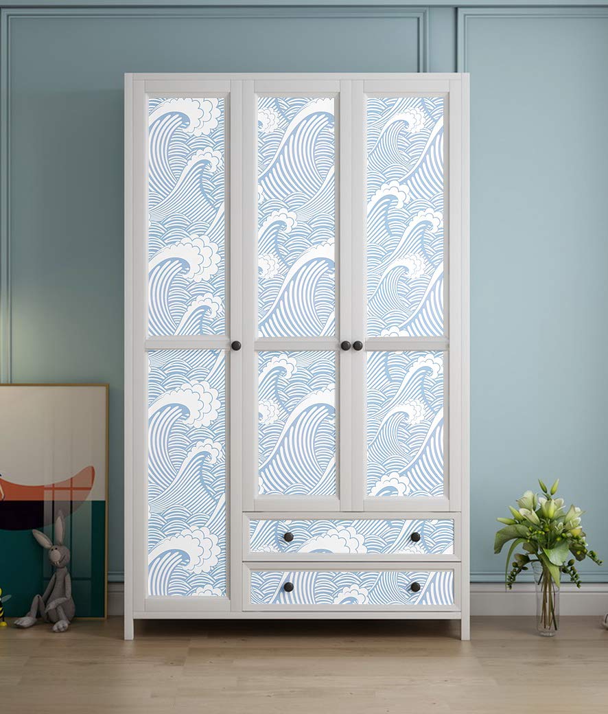 Blooming Wall CPS030 Peel&Stick Handpainting Seamless Blue White Waves Sea Sprays Self-Adhesive Prepasted Wallpaper Wall Mural (17.7“x118”)