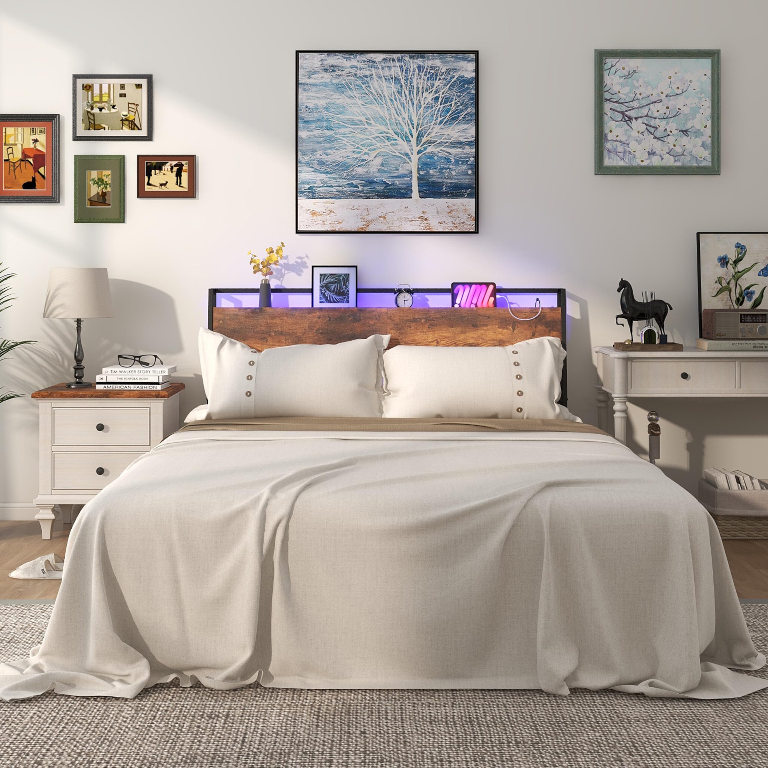 GiftGo King Size Headboard Ergonomic Headboard with 4 Outlets and 4 USB Ports LED Light Adjustable Height Storage Rack Sturdy and Stable Metal Frame & Wood Shelf Easy Assembly (Brown, King)