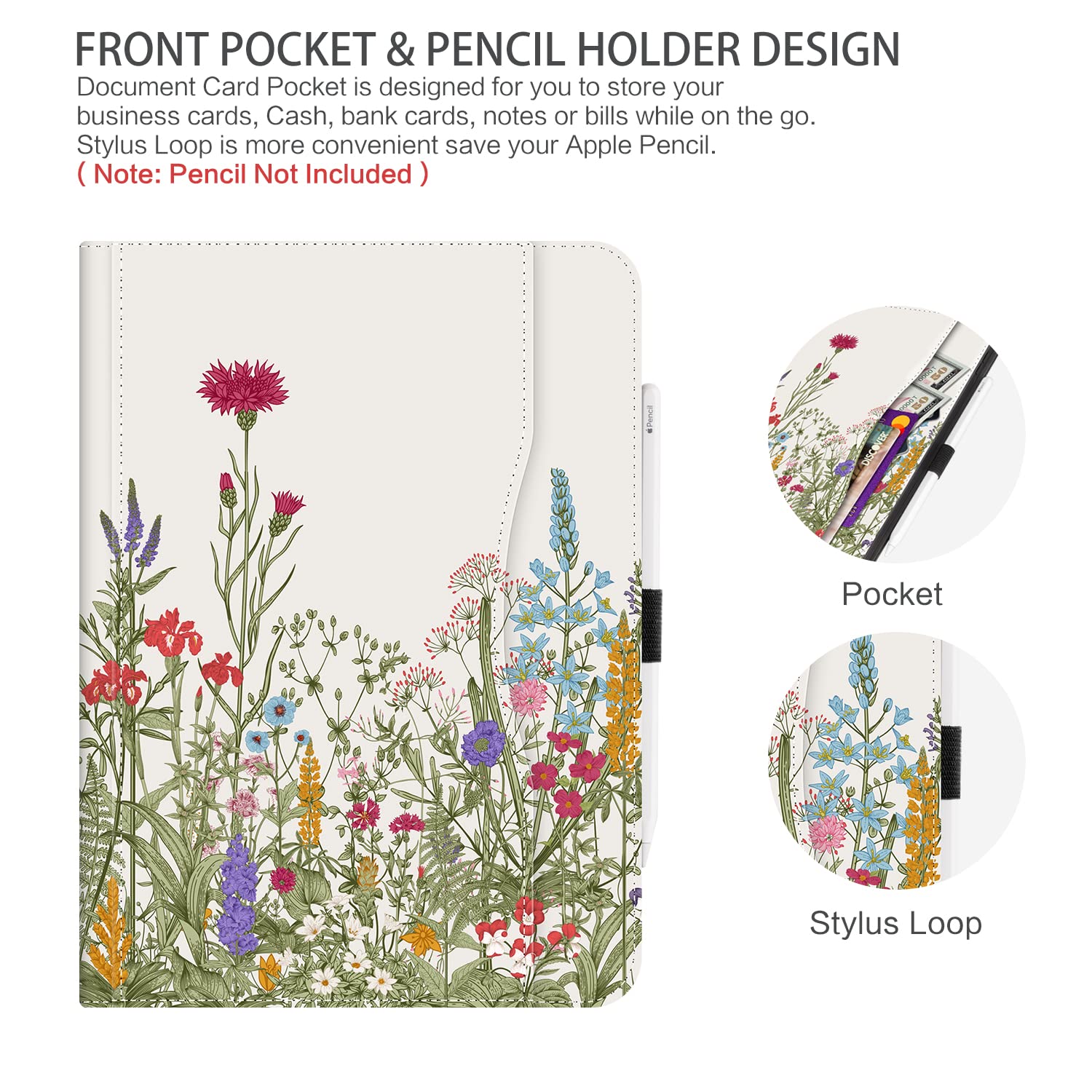Case for iPad 10th Generation Case, for iPad Case 10th Generation Women Girls Shockproof Case with Pencil Holder, Multi-Angle Adjustable Stand View with Pocket/Hand Strap/Auto Wake Sleep, Flowers