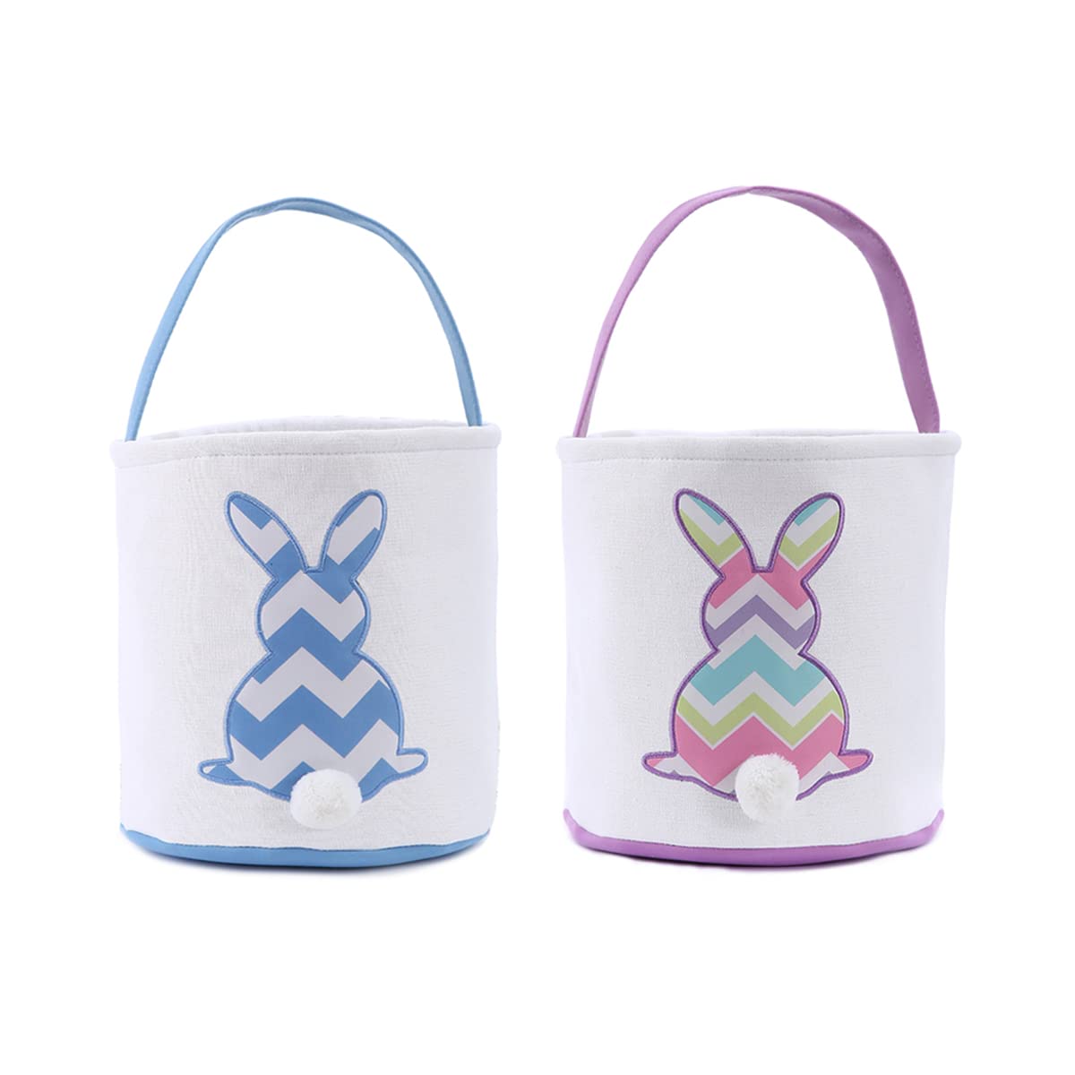 Cootato 2 Pack Easter Bunny Basket Bags for Kids, Stripe Rabbit Pattern Egg Basket Hunt Bags Personalized Canvas Cotton Bucket with Fluffy Tail for Easter Eggs, Candy, Gift (Multi-Stripe, Blue)