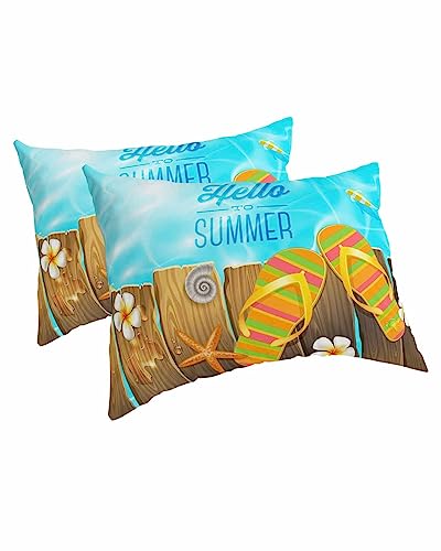 Edwiinsa Hello Summer Pillow Covers King Standard Set of 2 20x36 Bed Pillow, Tropical Ocean Starfish Slippers Spring Floral Plush Soft Comfort for Hair/Skin Cooling Pillowcases with Envelop Closure