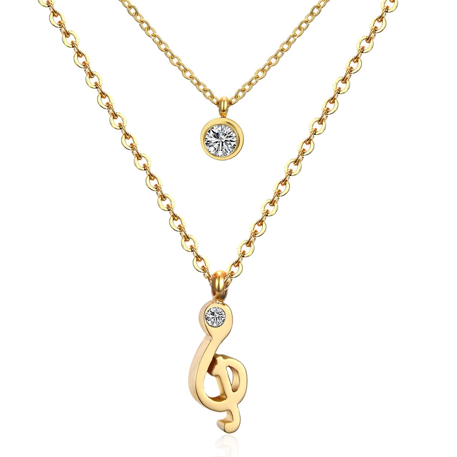 Collar y gargantilla refinada en niveles en forma de Y, hecho a mano, doble dije de Zircón y Nota Musical, tono oro