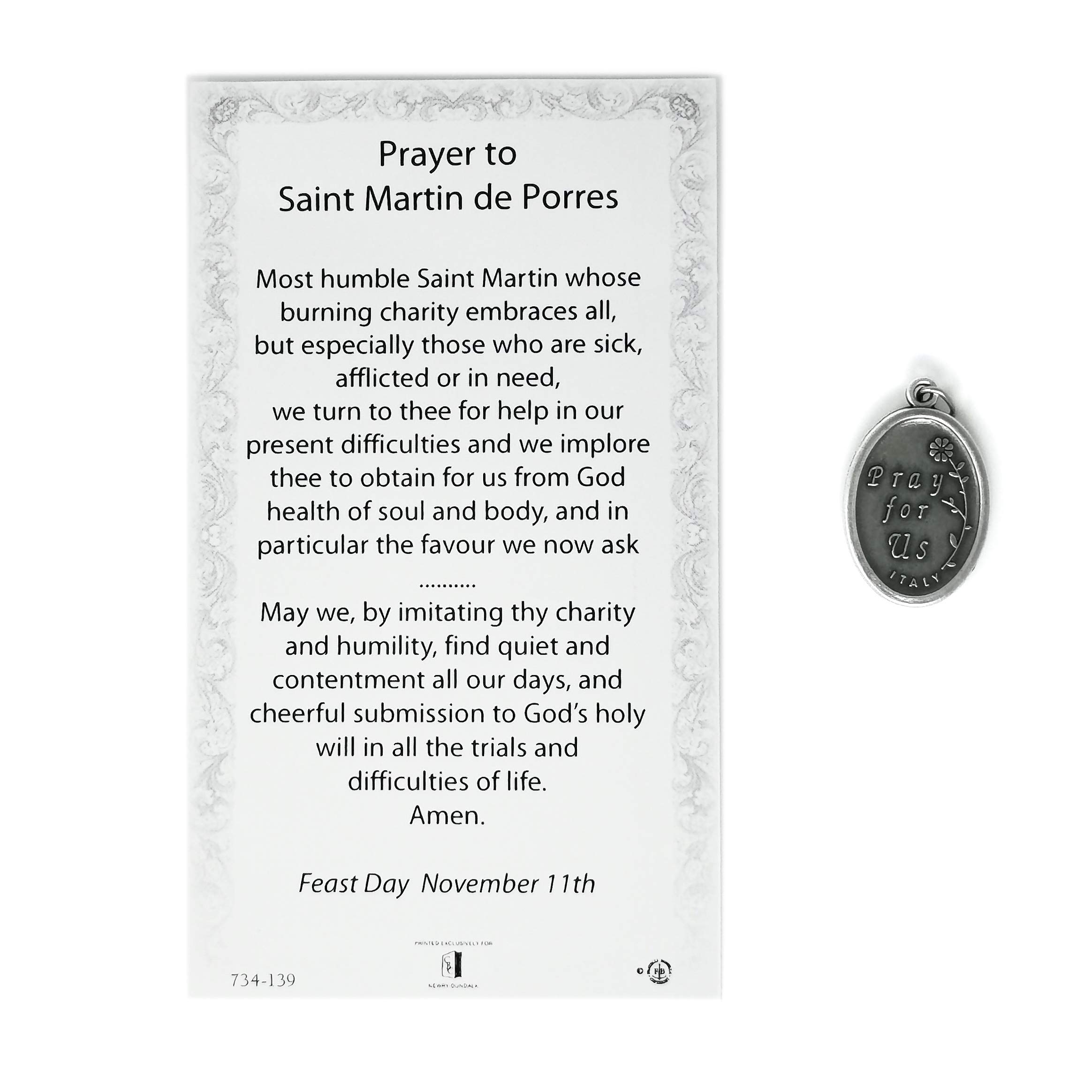Catholic Silver Colour Metal 2.5cm St. Martin de Porres Medal Pendant and Prayer