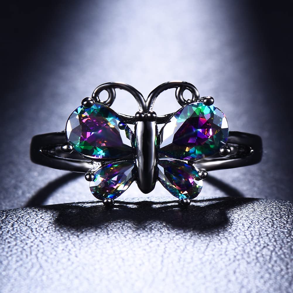 Black Gold Ring for Women Witch Ring Butterfly Ring with Rainbow Diamond Gothic Engagement Wedding Ring (6)
