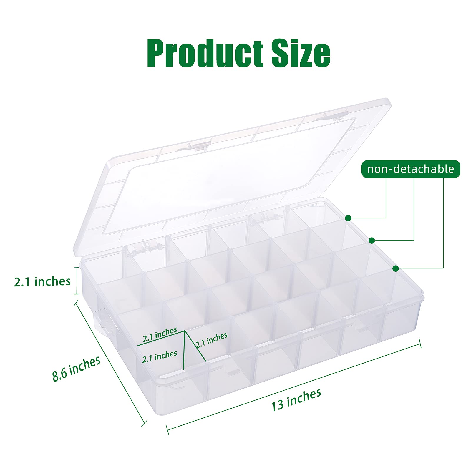 iBune 2 Pack 24 Grids Large Plastic Compartment Container for Washi Tape, Bead Storage Organizer Box Case with Removable Dividers for Craft Tackles Tools, Size 13.1 x 8.7 x 2.1 in, White
