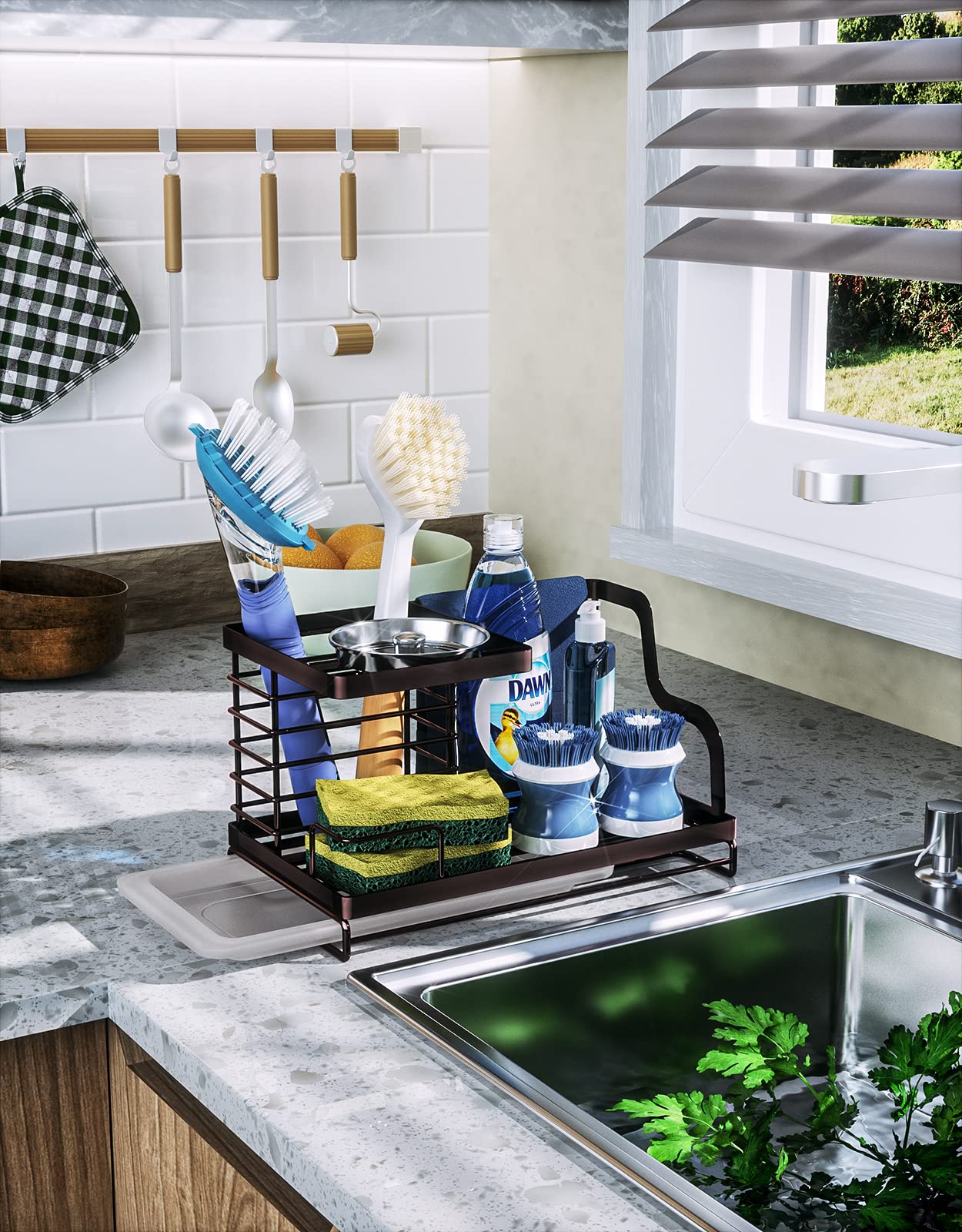Consumest Sink Caddy Kitchen Sink Organizer, SUS304 Stainless Steel Sponge Holder for Kitchen Sink, Double-Layer Soap Sponge and Brush Holder with Removable Drain Tray, Bronze