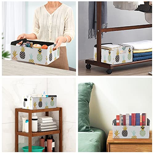 Fabric Storage Cube (Geometric Gold Pineapple) 13.7 × 10.2 × 5.1 inch, Large Capacity Decorative Foldable Storage Basket Organizer with Handles Rectangle Thick for Multi Use
