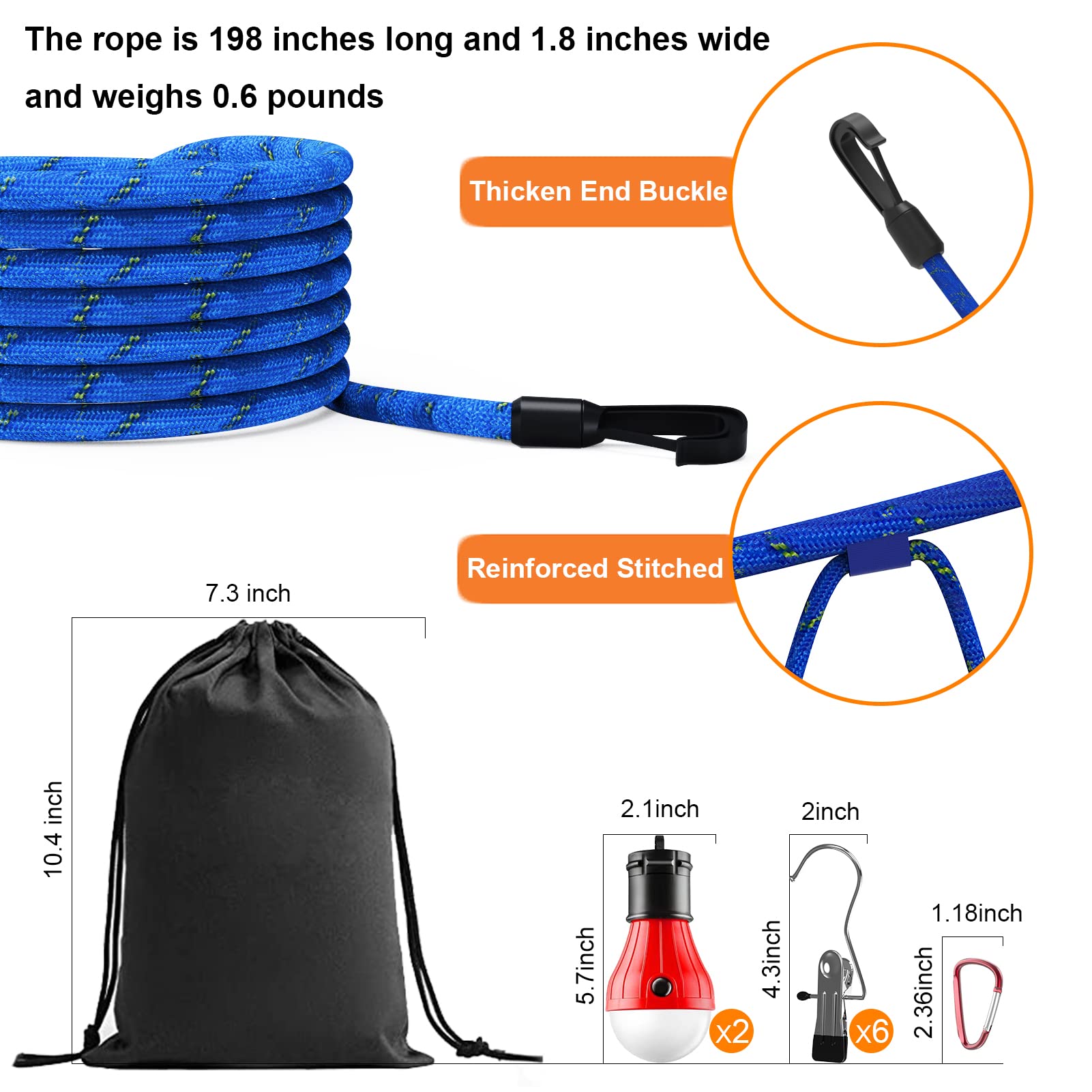 Camping Accessories Campsite Storage Strap, with 2 LED Camping Lights, 16ft Adjustable Tent Camping Lanyard Rope Clothesline, for Outdoor Hammock Hanging Camping Gear and Equipment, Tent Accessories